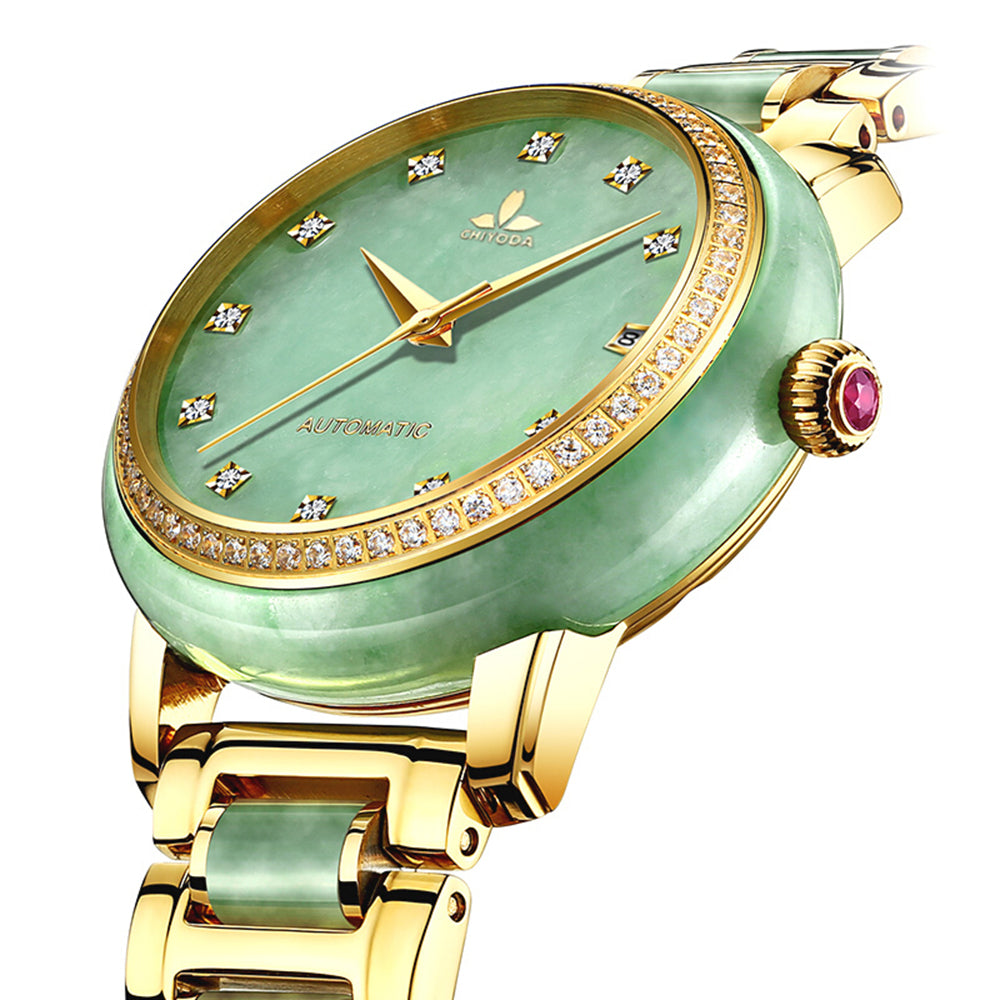 CHIYODA Luxury Automatic Jade Watch for Women, Swiss Automatic Watch w
