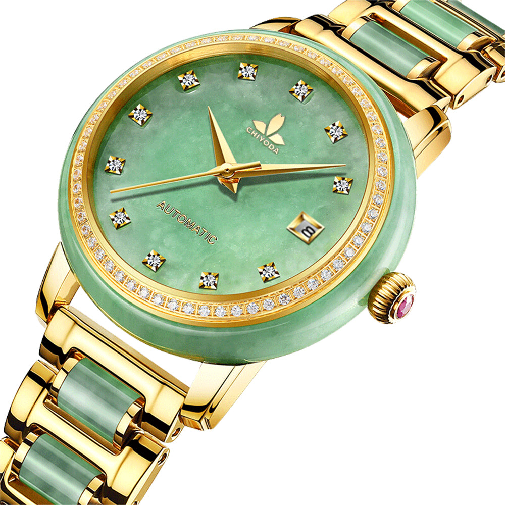 CHIYODA Luxury Automatic Jade Watch for Women, Swiss Automatic Watch w